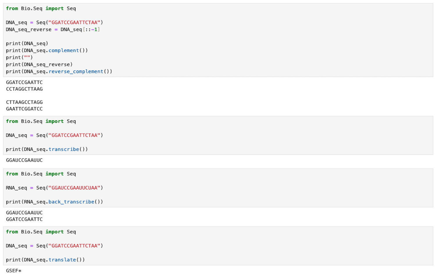 【biopython】相補鎖、反転配列、逆相補鎖、転写前後の配列、翻訳後の配列の取得方法 Python 3pysci